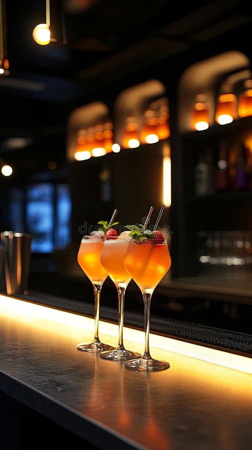A Sleek Bar Setup with Cocktails Glowing Under Warm Ambient Lighting ...