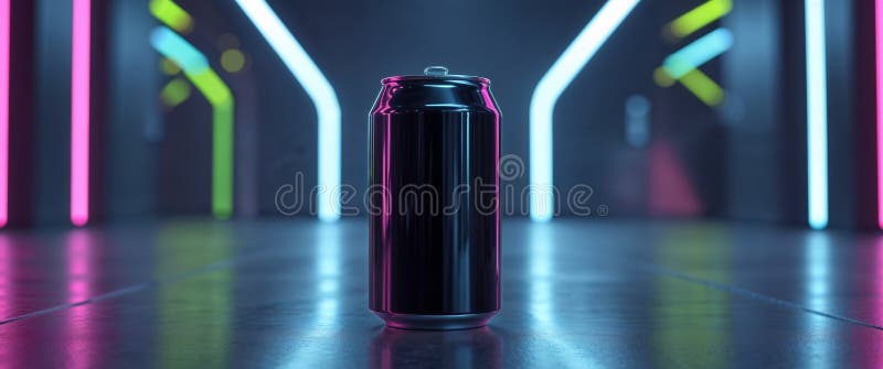 Sleek Black Aluminum Can with Neon Lights Reflection in Futuristic ...
