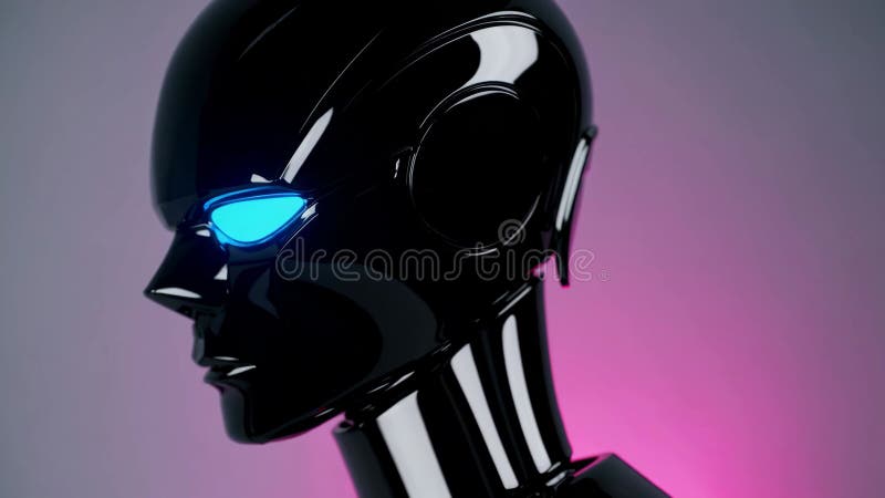 Sleek Black Android with Glowing Blue Eyes in Profile Against Pink ...