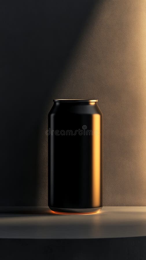 Sleek Black Beverage Can with Dramatic Lighting on Shelf, Minimalistic ...