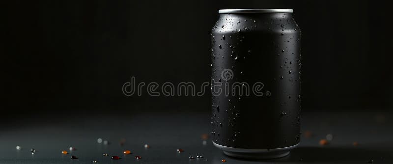 Sleek Black Beverage Can with Water Droplets on Dark Background, Modern ...