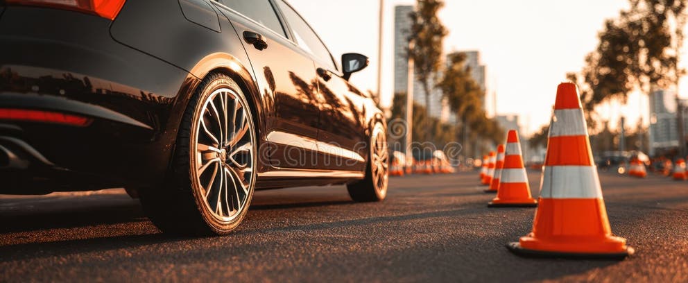 The Sleek Black Car Navigating through Traffic Cones at Sunset in an ...