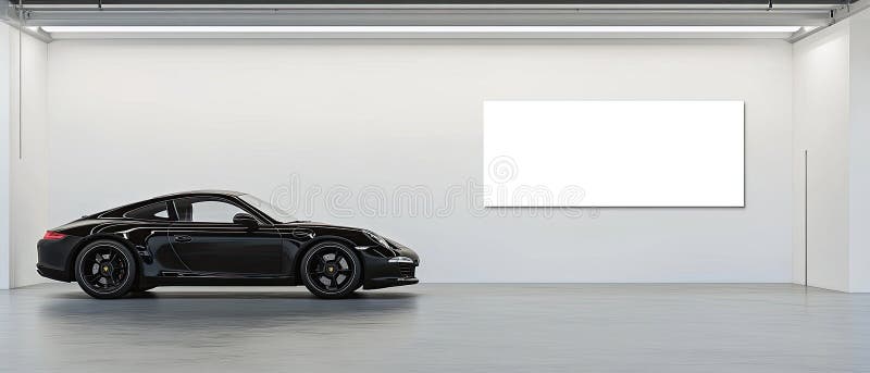 A Sleek Black Car Parked in a Modern Garage with a Large Blank ...