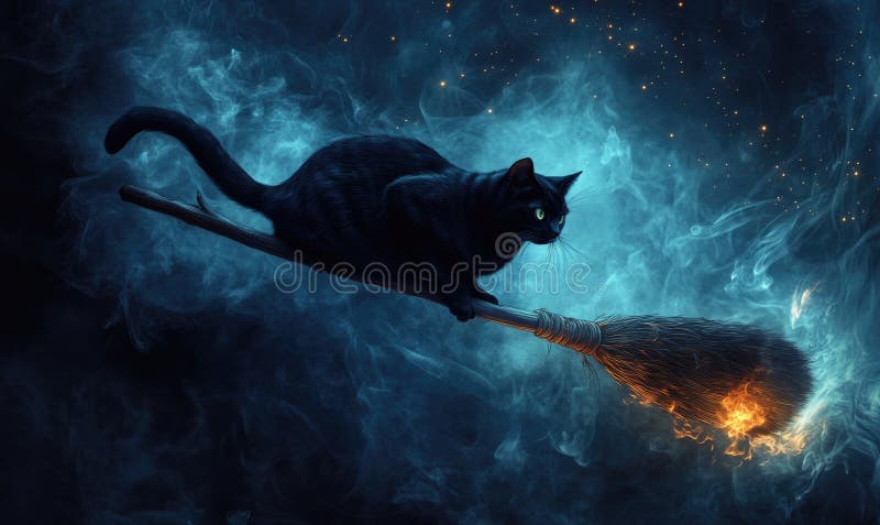 Sleek Black Cat Balancing Elegantly on a Witch S Broom, Broom Held ...