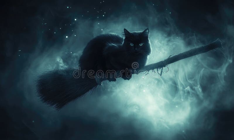 Sleek Black Cat Balancing Elegantly on a Witch S Broom, Broom Held ...