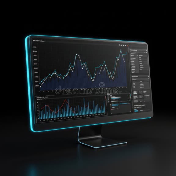 Sleek Black Computer Monitor Displaying a Blue Data Graph Stock ...