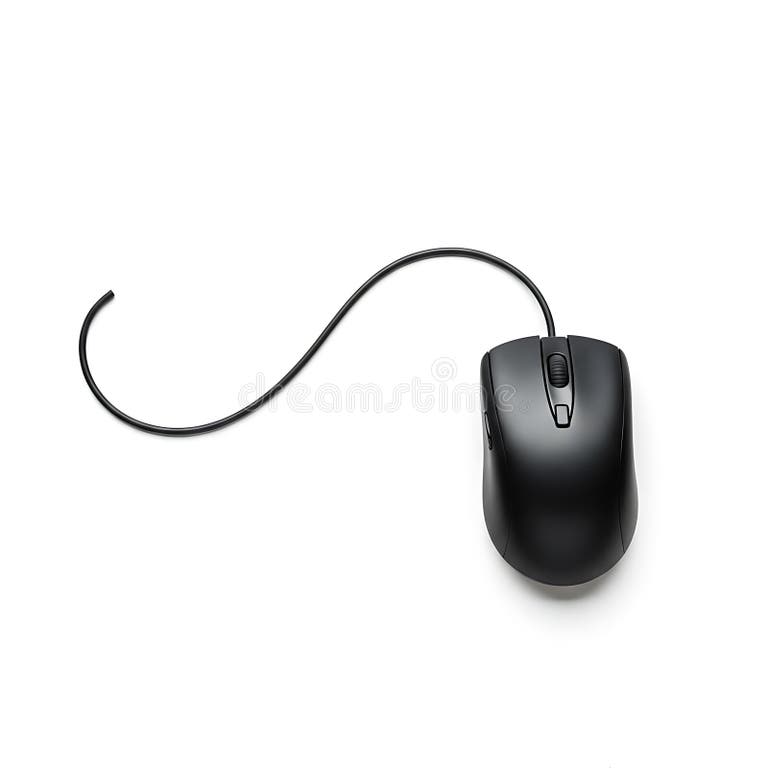 A Sleek Black Computer Mouse with a Long, Winding Cord Isolated on ...