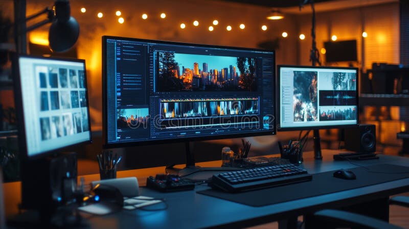 Sleek Black Computer Setup with Reflective Screen and Soft Lighting ...