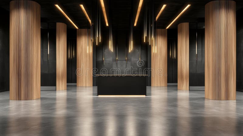 Sleek Black Counter and Textured Wooden Columns in a Modern Interior ...