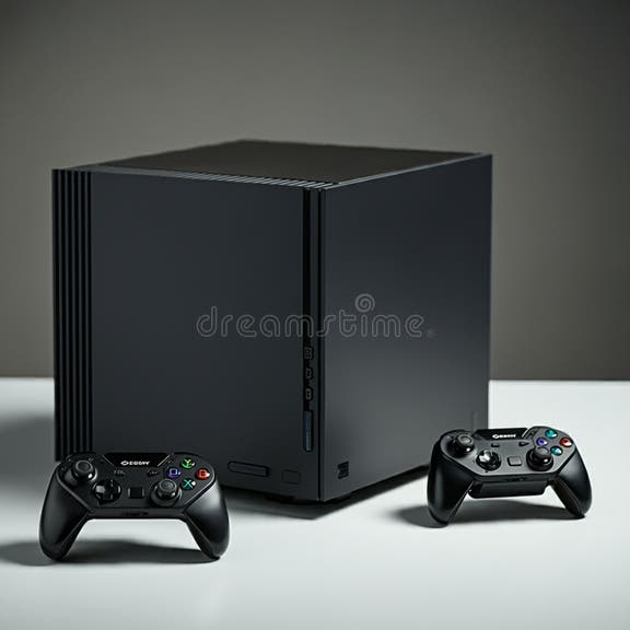 A Sleek, Black, Cube-shaped Gaming Console is Displayed Alongside Two ...