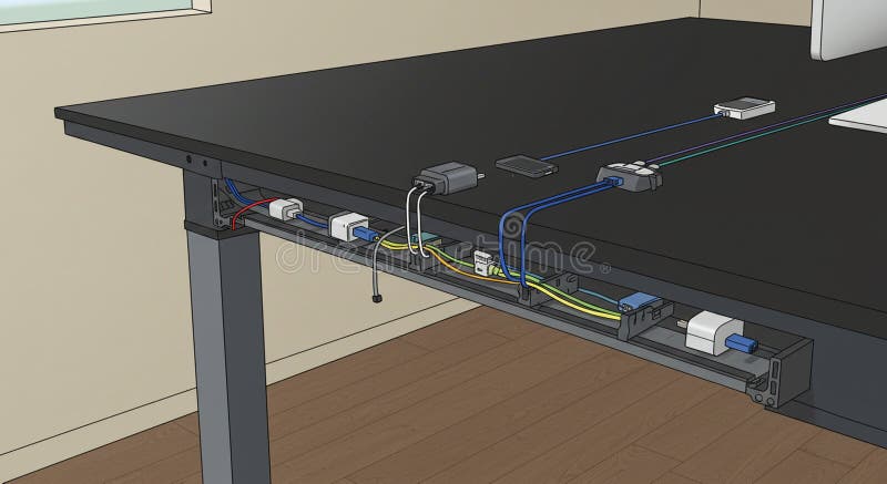 A Sleek Black Desk Features an Integrated Cable Management System ...