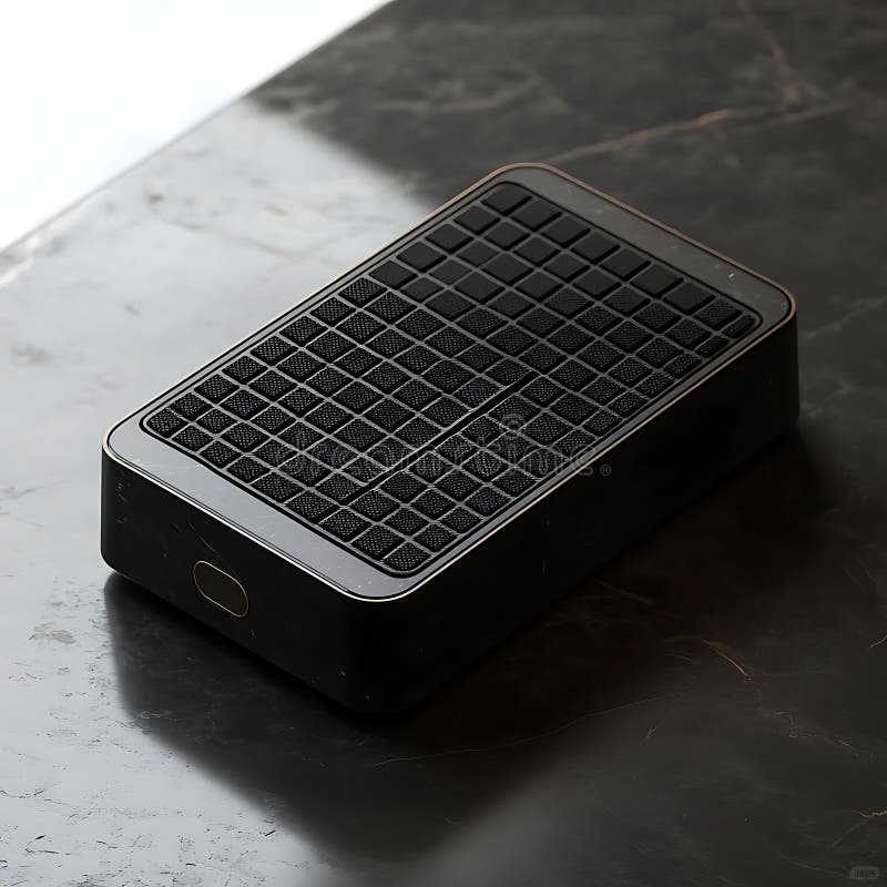 Sleek Black Device with Grid Design Displayed on Dark Marble Surface ...
