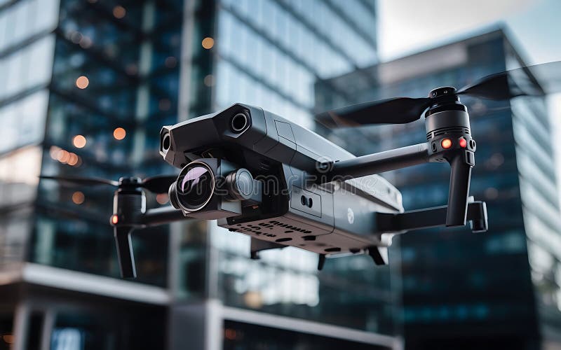 Sleek Black Drone Hovering in High-Tech Environment Stock Image - Image ...