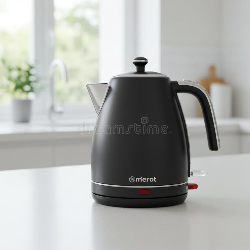 A Sleek Black Electric Kettle with a Modern Design Sits on a Light ...
