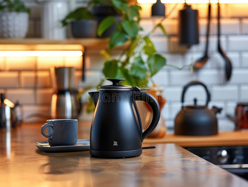 Sleek Black Electric Kettle in a Modern Kitchen Setting Stock ...