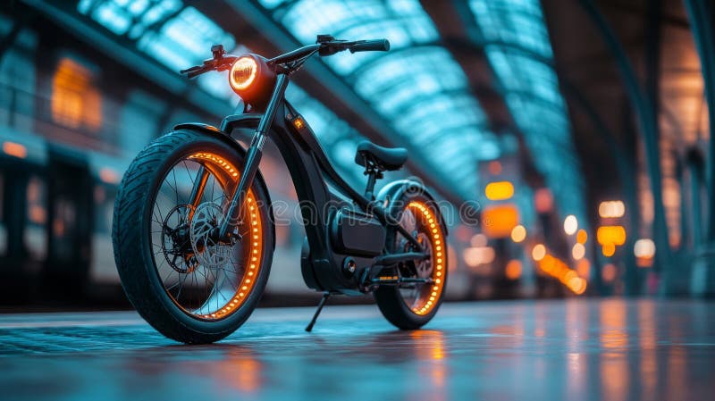 Sleek Black Electric Motorcycle with Orange Wheel Lights at Train ...