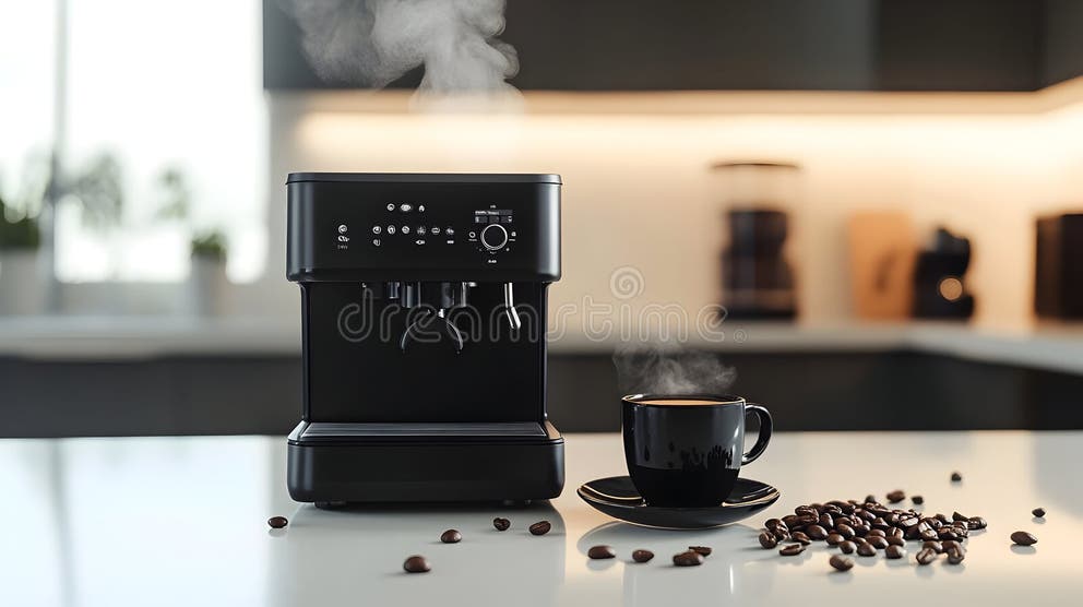 Sleek Black Espresso Machine with Steaming Coffee Cup on Kitchen ...