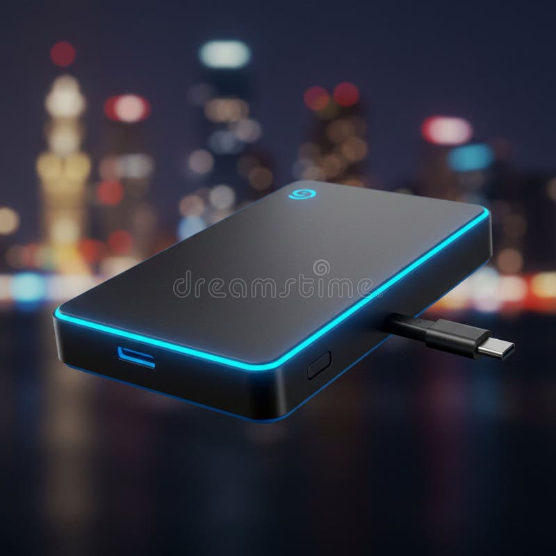 A Sleek, Black External Hard Drive with a Glowing Blue Edge and a USB-C ...