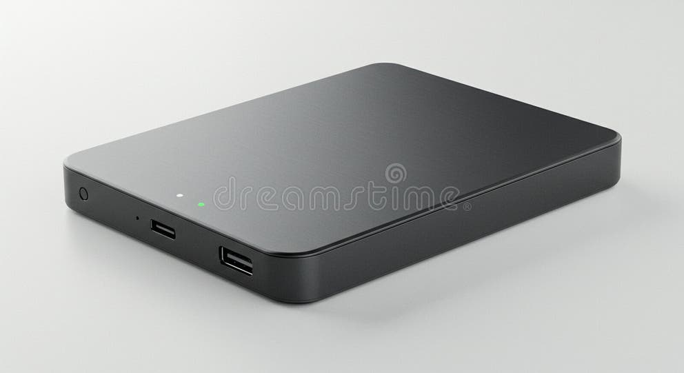 Sleek Black External Hard Drive with a Rectangular Shape and Rounded Edges. Features Stock ...