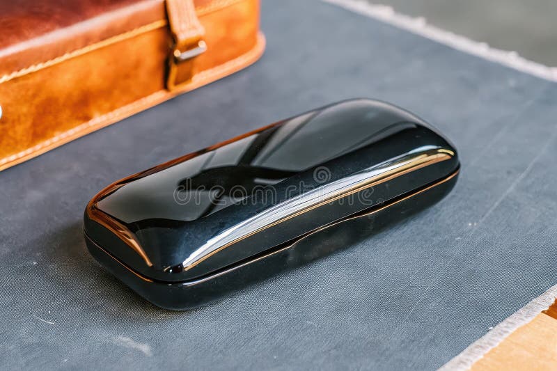 Sleek Black Eyeglass Case on Stylish Leather and Fabric Surface Stock ...