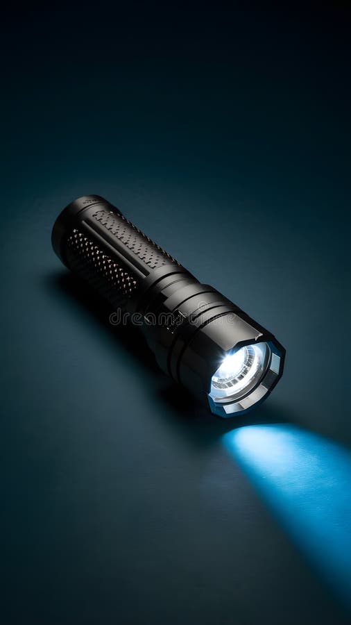 Sleek Black Flashlight with Textured Grip and Bright White Beam on Blue ...