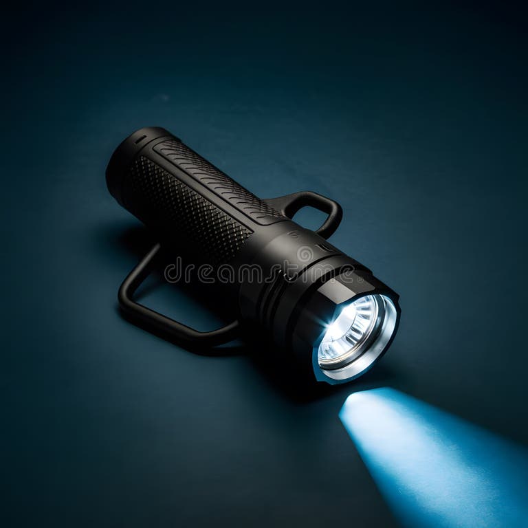 Sleek Black Flashlight with Textured Grip and Bright White Beam on Blue ...