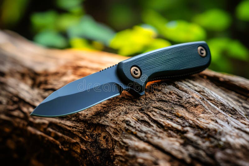 Sleek Black Folding Knife on Rustic Wood Surface Surrounded by Natural ...
