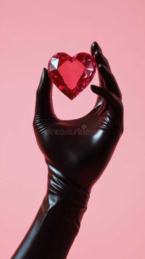 Heart Shaped Ruby Held by a Gloved Hand Against a Pink Background in ...