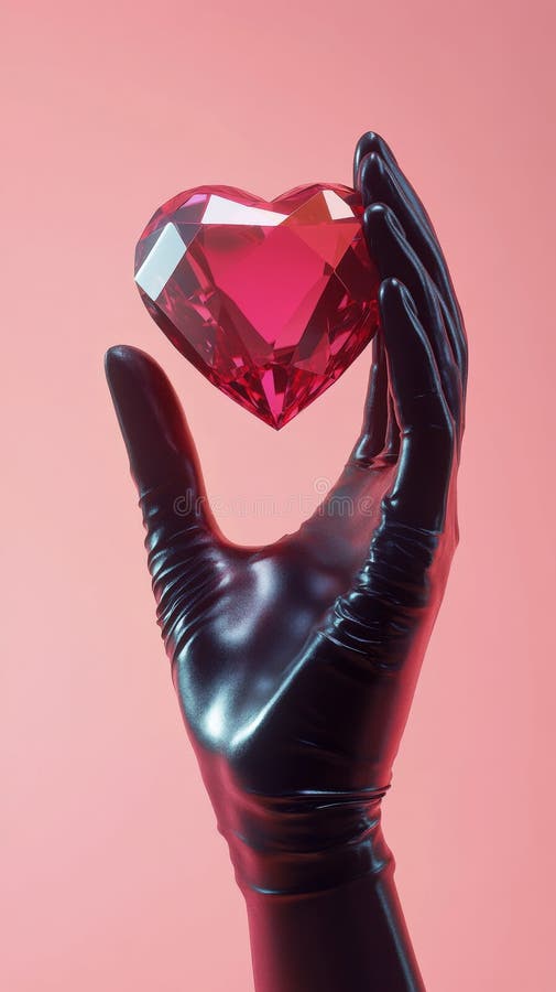 Heart Shaped Ruby Held by a Gloved Hand Against a Pink Background in ...