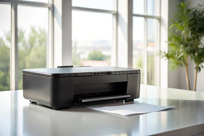 Sleek Black Inkjet Printer on Modern White Desk Stylish Office ...