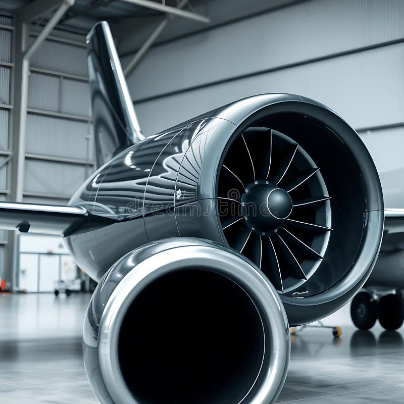 A Sleek Black Jet Engine Turbine Resting on a Hangar Floor Stock ...