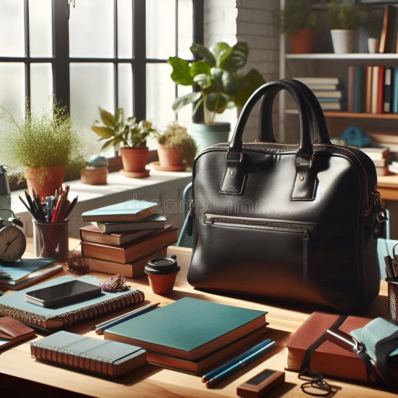 Office Essential Sleek Black Leather Bag on Desk, Generative AI. Stock ...