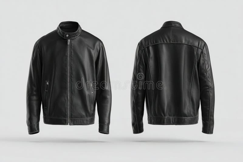 Sleek Black Leather Jacket, Front and Back View on White Surface Stock ...