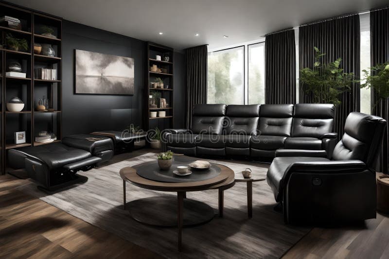 A Sleek Black Leather Recliner Sofa in a High-tech Entertainment Room ...