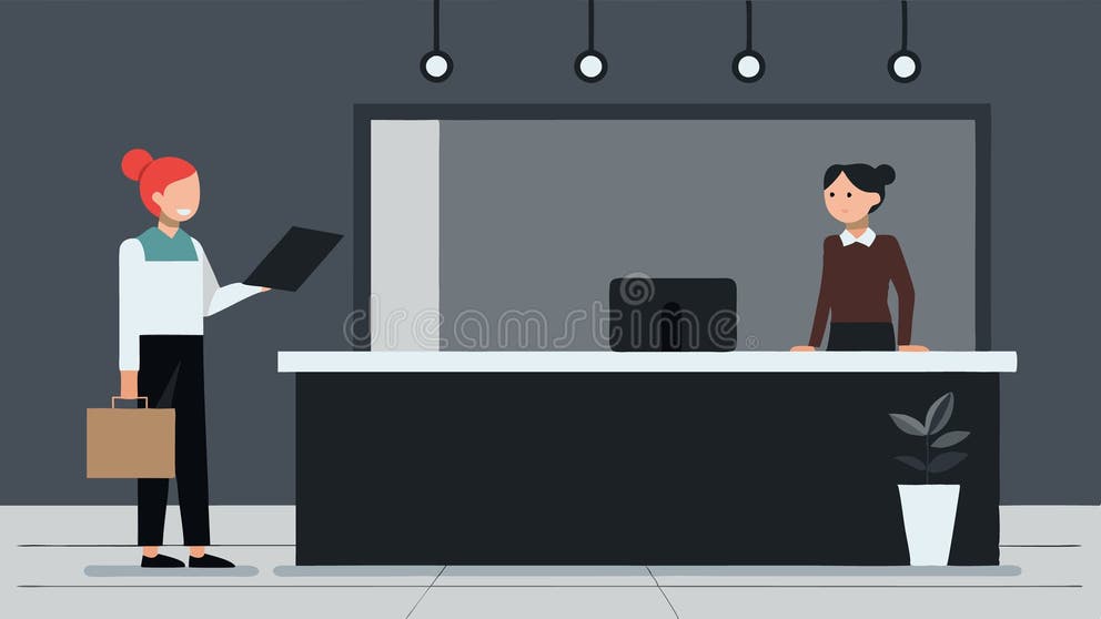 A Sleek Black Marble Front Desk with a Friendly Receptionist Checking ...