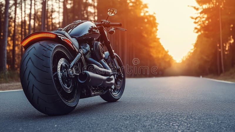 Motorcycle Parked on a Quiet Road during Sunset in a Forest Setting ...