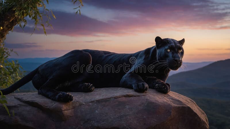 Majestic Black Panther at Sunset on Mountaintop Stock Illustration ...