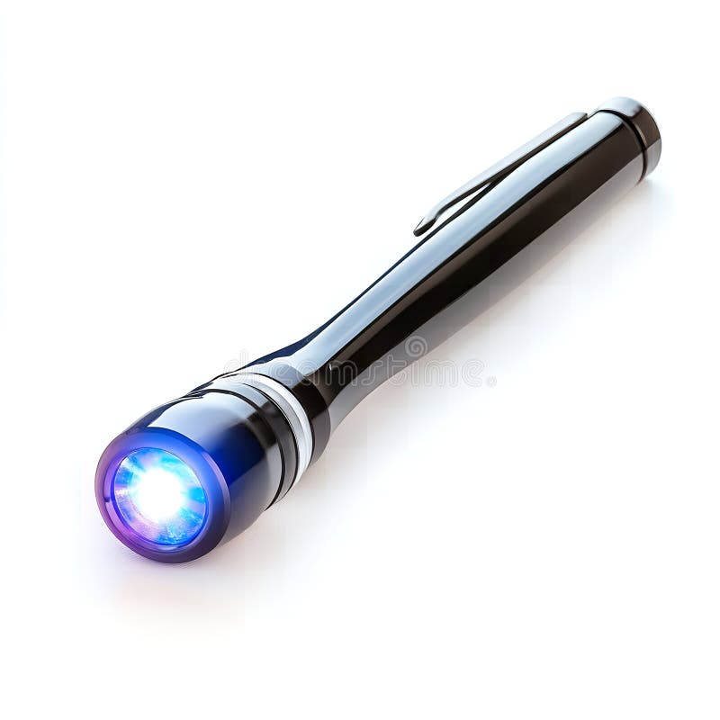 Sleek Black Pen Style LED Flashlight Illuminating with Bright Blue ...