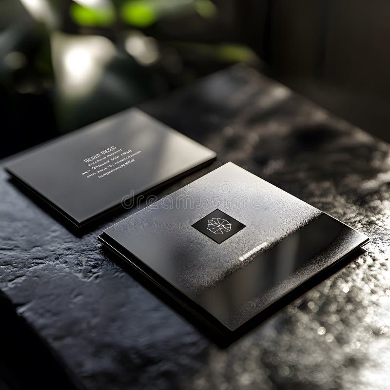 Sleek Black Rectangular Cards with Subtle Logo on Dark Stone Surface ...