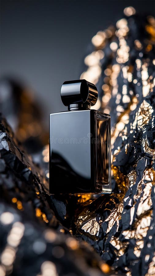 A Sleek Black Rectangular Perfume Bottle with a Black Cap Stock ...