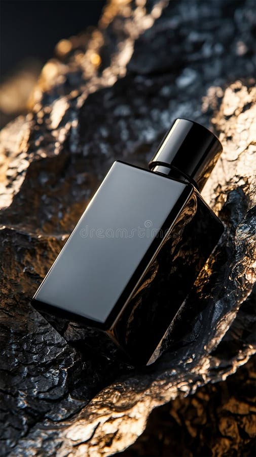 A Sleek Black Rectangular Perfume Bottle with a Black Cap Stock ...