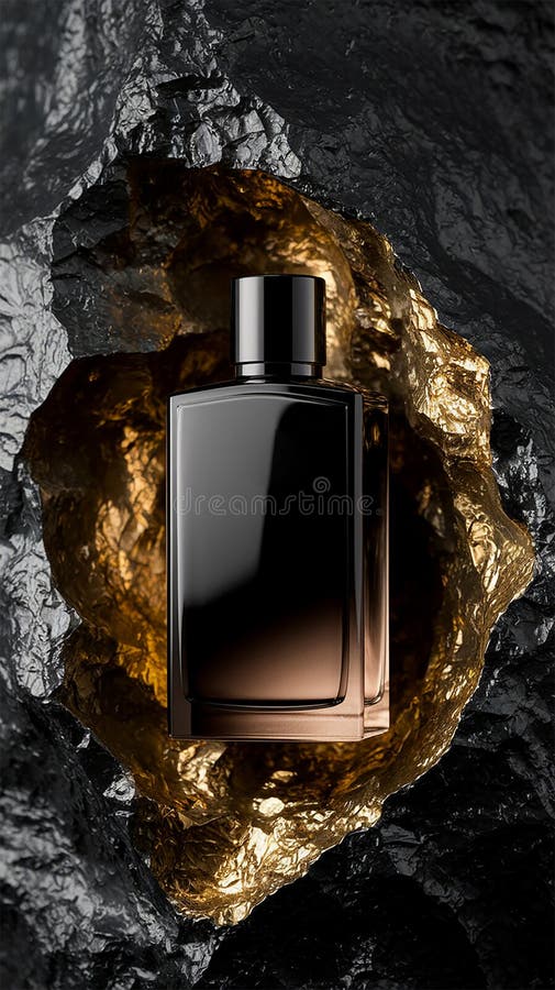 A Sleek Black Rectangular Perfume Bottle with a Black Cap Stock ...