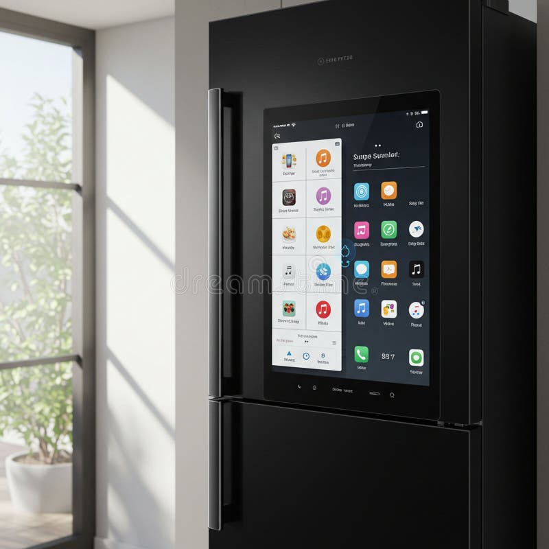 Sleek Black Refrigerator with a Large, Embedded Touchscreen Interface ...