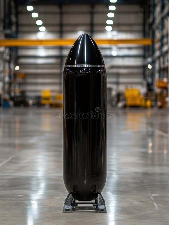 A Sleek Black Rocket Stands Ready for Launch in a Modern Industrial ...