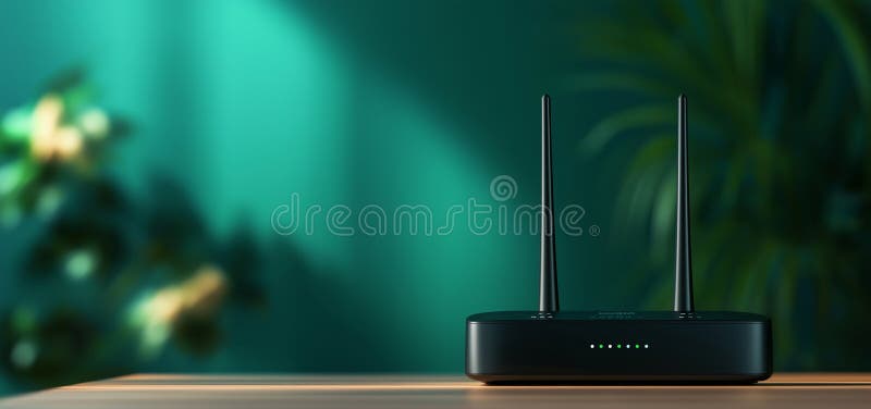Sleek Black Router with Three Antennas on Wooden Surface, Surrounded by ...