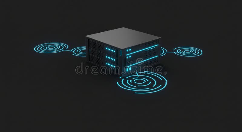 A Sleek Black Server Cube with Glowing Blue Circular Patterns is ...