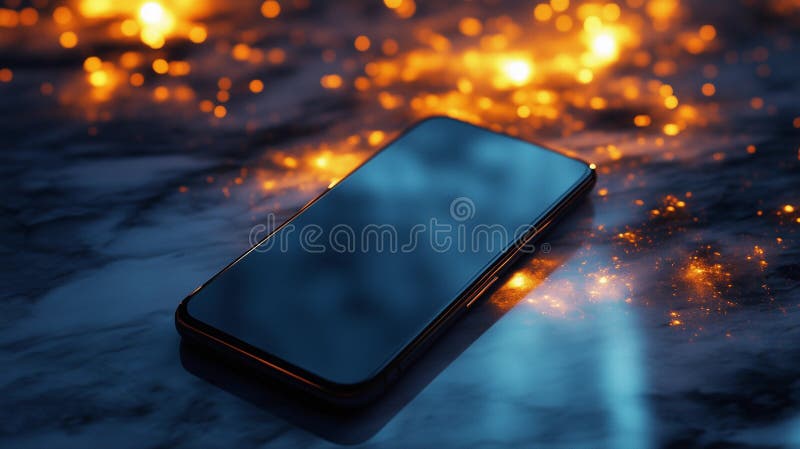 Sleek Black Smartphone Resting on a Reflective Surface with Soft ...