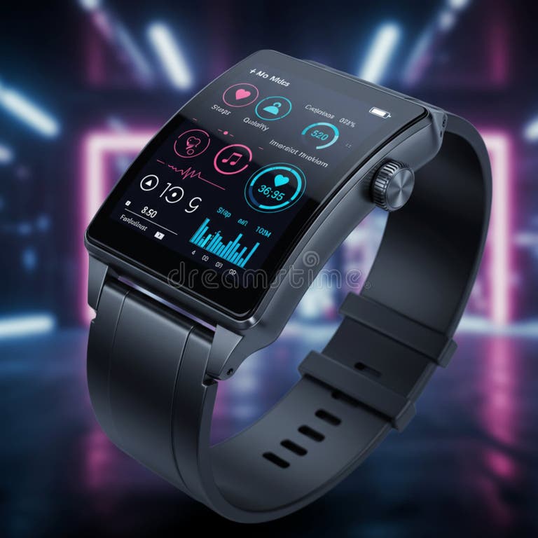 Sleek Black Smartwatch with a Rectangular Face Displays Colorful ...