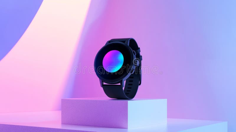 Sleek Black Smartwatch Showcased Against a Vibrant Abstract Background ...