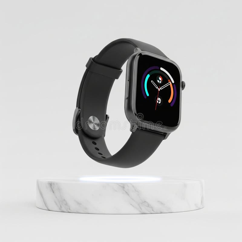 Modern Smartwatch Floating Above Marble Pedestal Black Color Stock ...